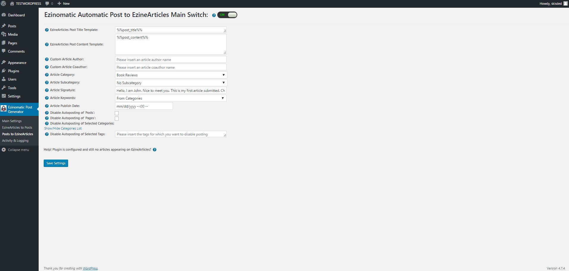 Ezinomatic Automatic Post Generator and EzineArticles Auto Poster Plugin for WordPress by ...